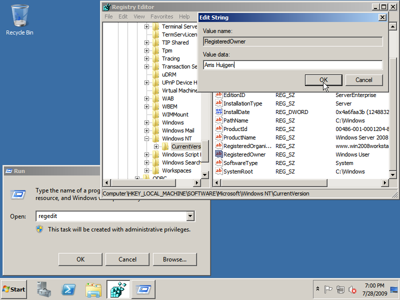 Registered owner and Organization – Windows 2008 R2 Workstation! Registered owner and Organization – Windows 2008 R2 Workstation!